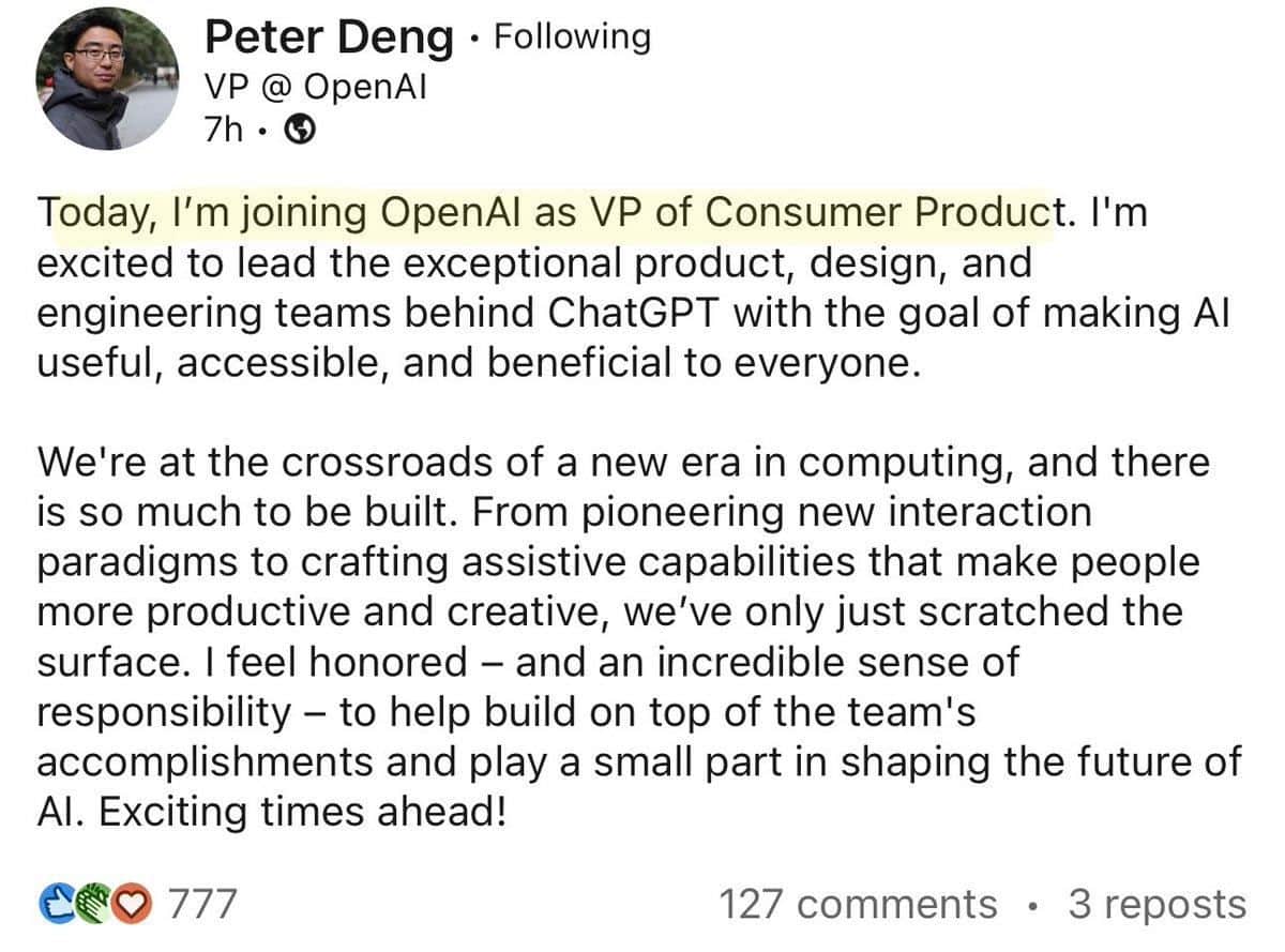OpenAI Welcomes Peter Deng as VP of Consumer Products, Accelerating the ...